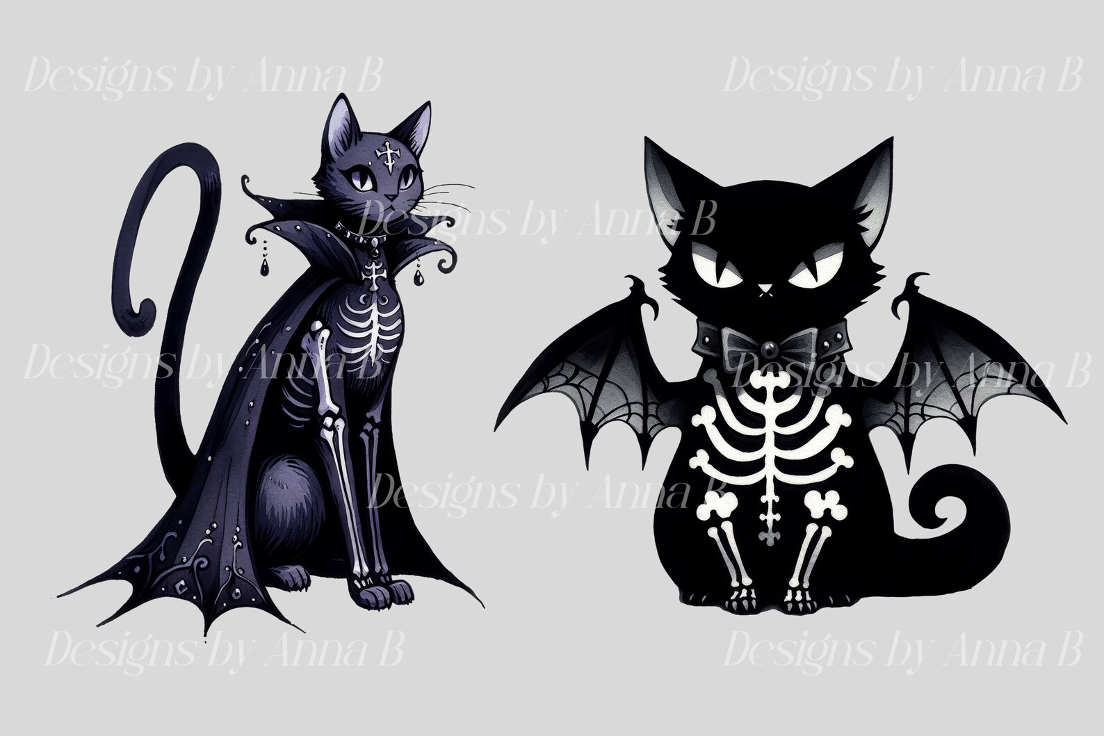 Watercolor Gothic Black Cat Clipart: Halloween Skeleton Kitten (PNG ...
