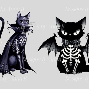 Watercolor Gothic Black Cat Clipart: Halloween Skeleton Kitten (PNG ...