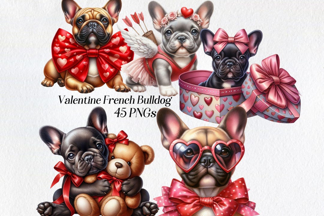 Valentine French Bulldog Clipart: Watercolor Love Dog PNG (digital ...