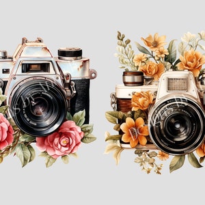 Watercolor Floral Vintage Camera Clipart, 10 High Quality PNG Files ...