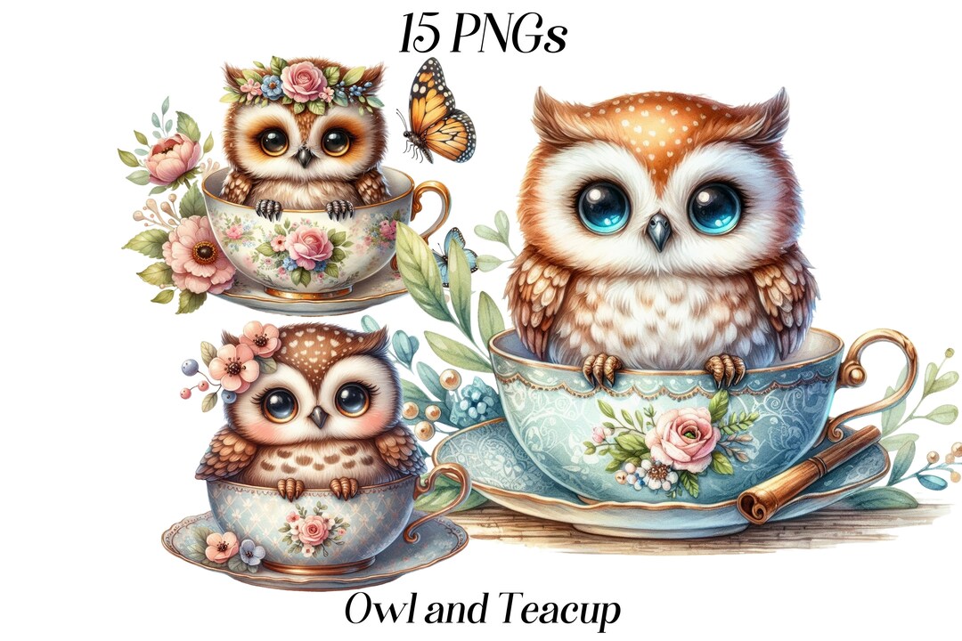 Watercolor Owl and Teacup Clipart, 15 PNG Files, Cute Owl, Vintage Teacup, Woodland Animals ...