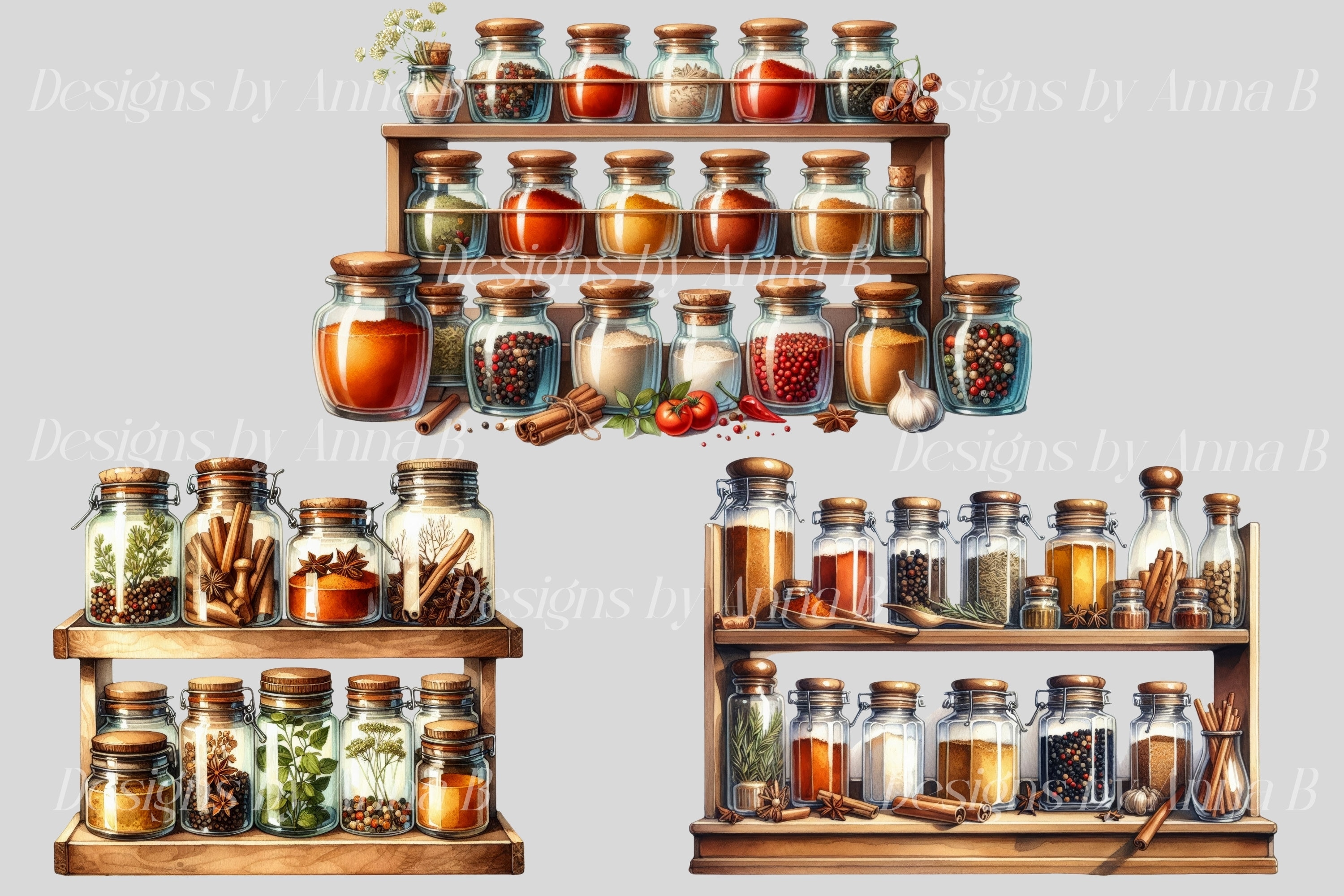Watercolor Spice Rack Clipart: Kitchen Herbs & Spices (13 PNG Files ...