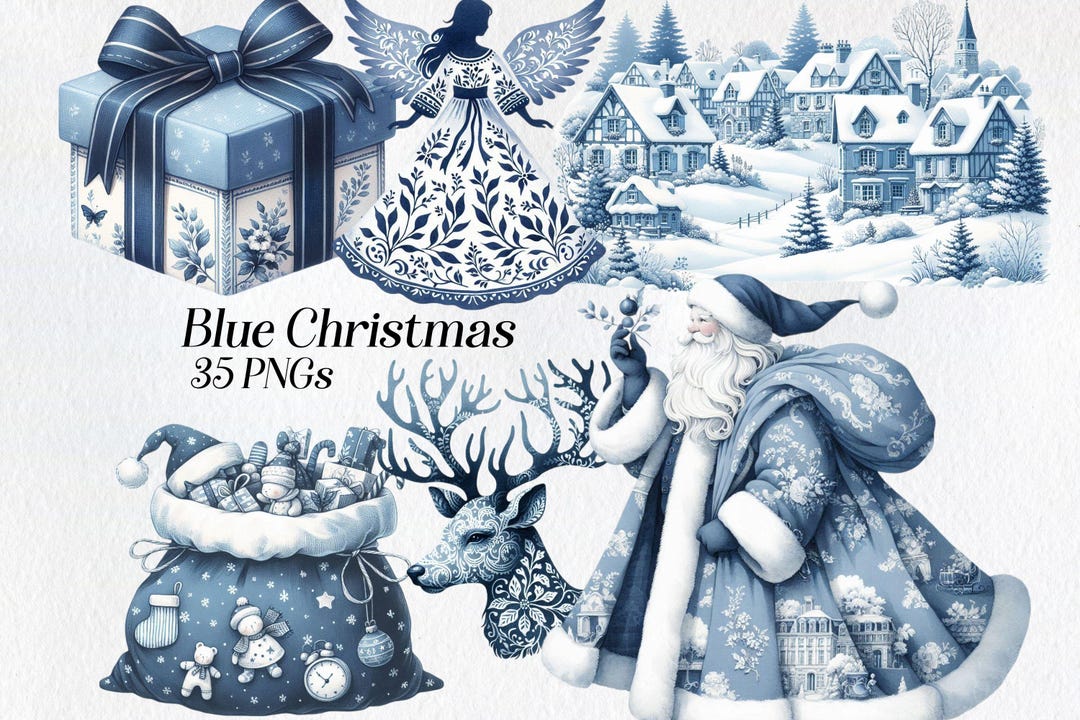 Blue Christmas Clipart, Winter Holidays, Watercolor Christmas, Santa ...