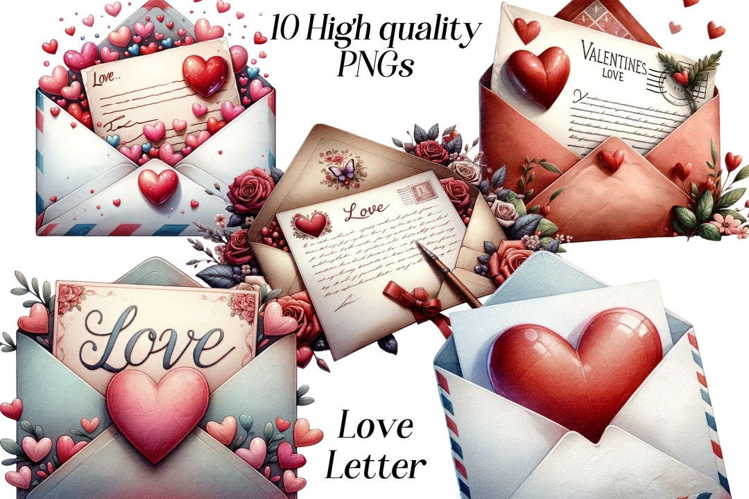 Watercolor Love Letter Clipart, 10 High Quality PNG Files, Valentines ...