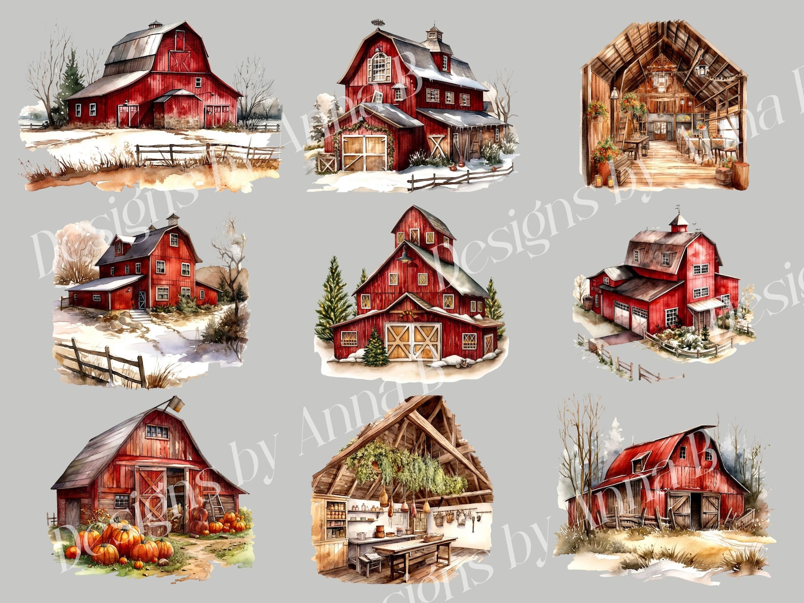 Watercolor Red Barn Clipart: Rural Farmhouse PNG Graphics (35 Files) - Etsy