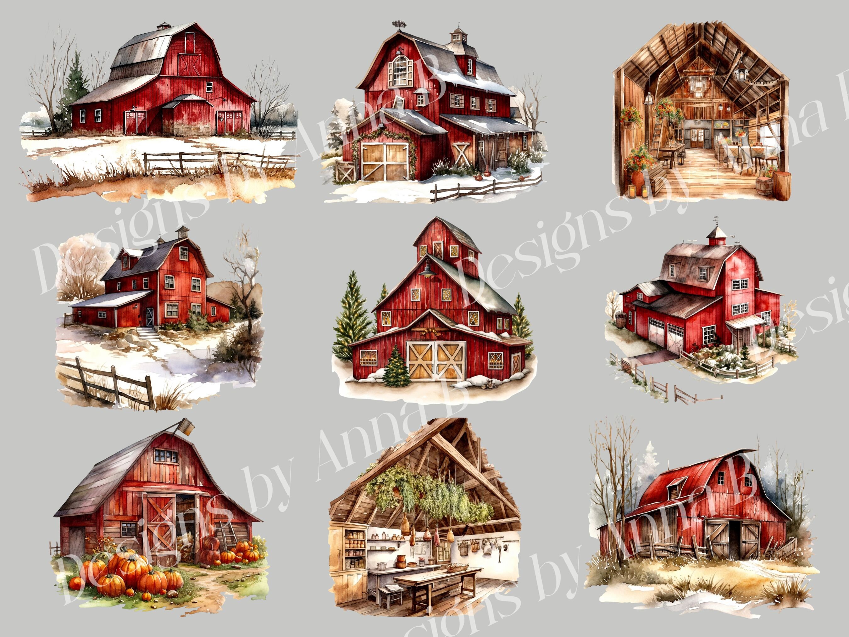 Watercolor Red Barn Clipart: Rural Farmhouse PNG Graphics (35 Files) - Etsy