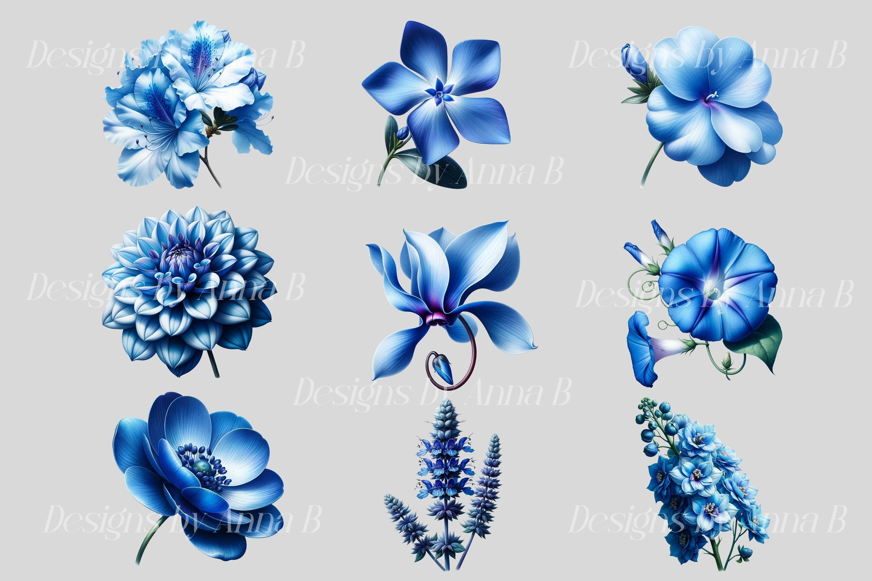 Watercolor Blue Flowers Clipart: 67 PNG Floral Illustrations (digital ...