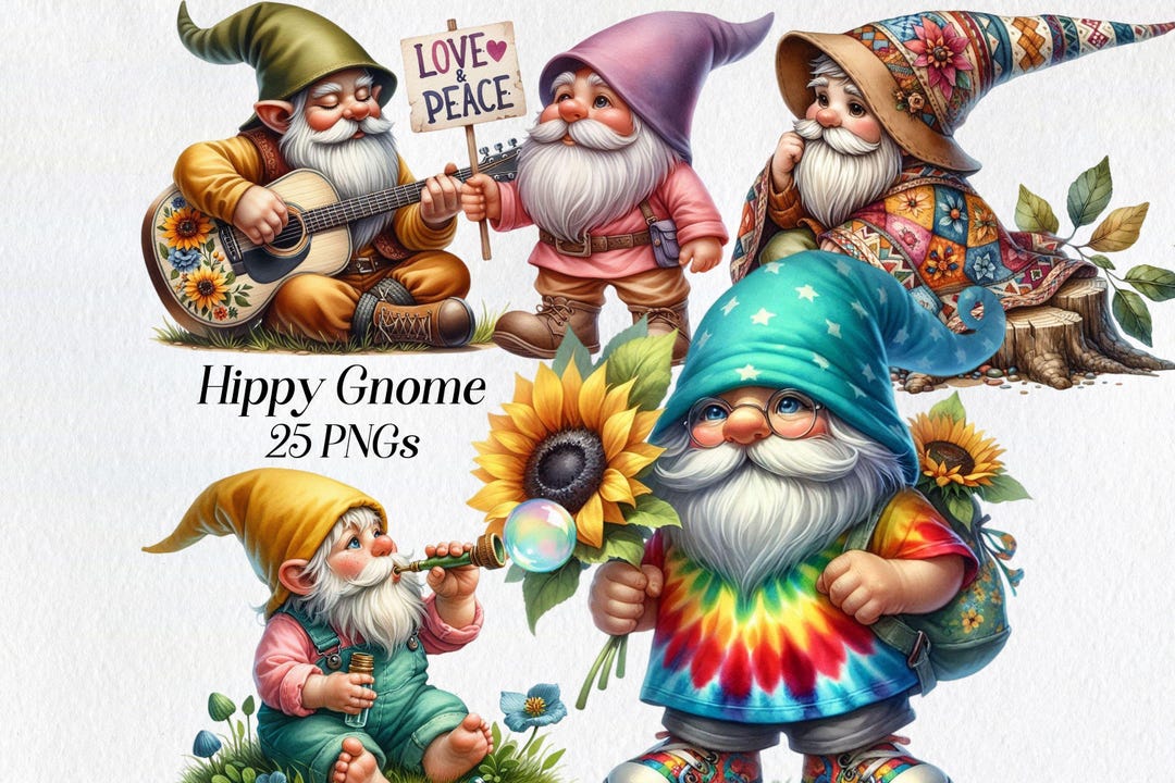 Hippy Gnome Clipart - Boho Gnome PNG, Peace and Love Themed Gnomes ...