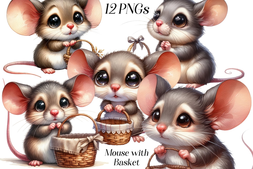 Watercolor Mouse With Basket Clipart, 12 PNG Files, Cute Mouse, Mice ...