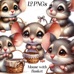 Watercolor Mouse With Basket Clipart, 12 PNG Files, Cute Mouse, Mice ...