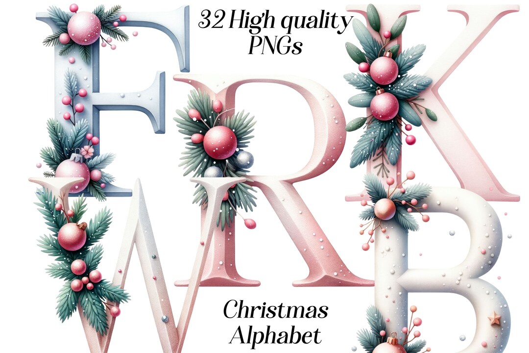 Watercolor Christmas Alphabet Clipart, 32high Quality PNG Files, Pink ...