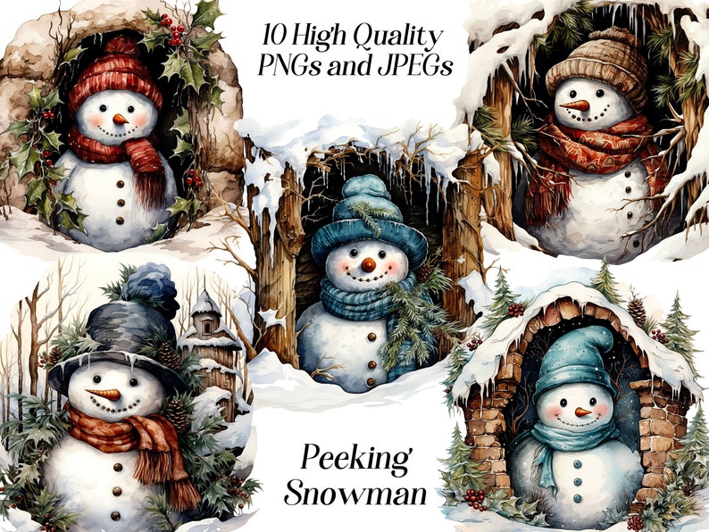Watercolor Snowman Clipart: Winter Holiday PNG JPEG Files (digital ...