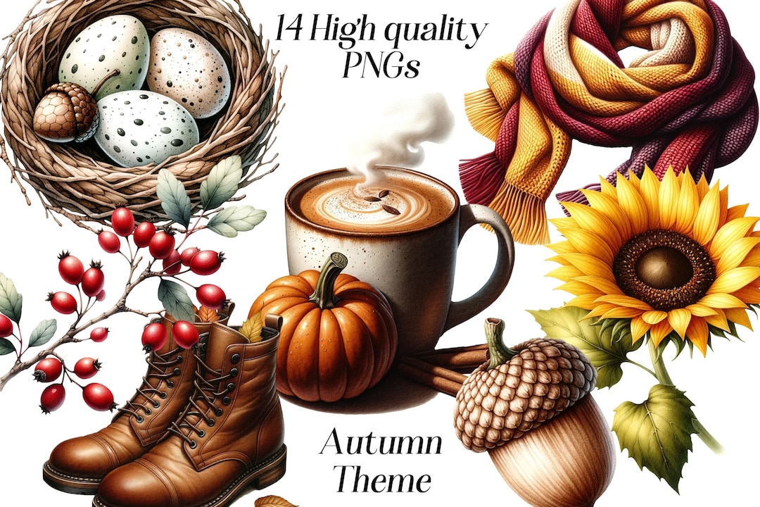 Watercolor Autumn Theme Clipart, 14 High Quality PNG Files, Fall Clipart, Seasonal Illustration ...