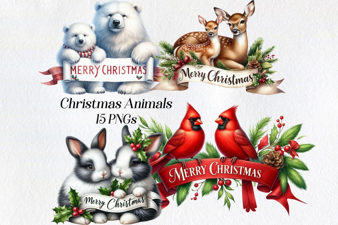 Watercolor Christmas Animals Clipart: Holiday PNG Graphics (digital ...