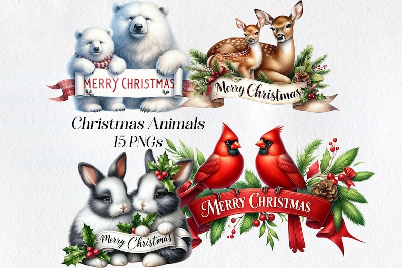 Watercolor Christmas Animals Clipart: Holiday PNG Graphics (digital ...