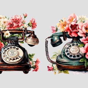 Watercolor Vintage Telephone Clipart, 10 High Quality PNG Files ...
