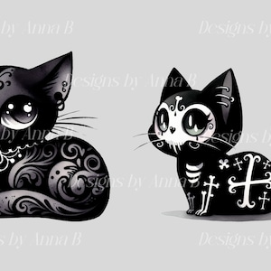 Watercolor Gothic Black Cat Clipart, 12 PNG Files, Black Kitten ...