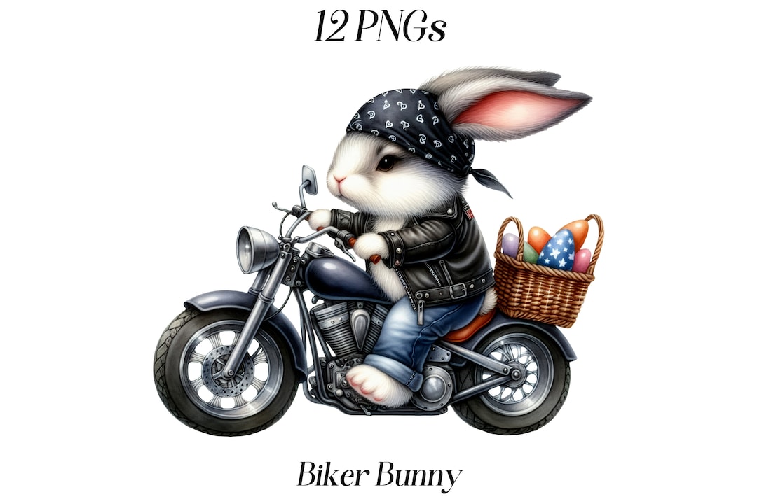 Watercolor Biker Bunny Clipart, 12 PNG Files, Cute Rabbit, Motorbike, Bunny Driving, Cute ...