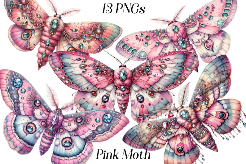 Watercolor Pink Jeweled Moth Clipart: 13 PNG Images (digital Download ...