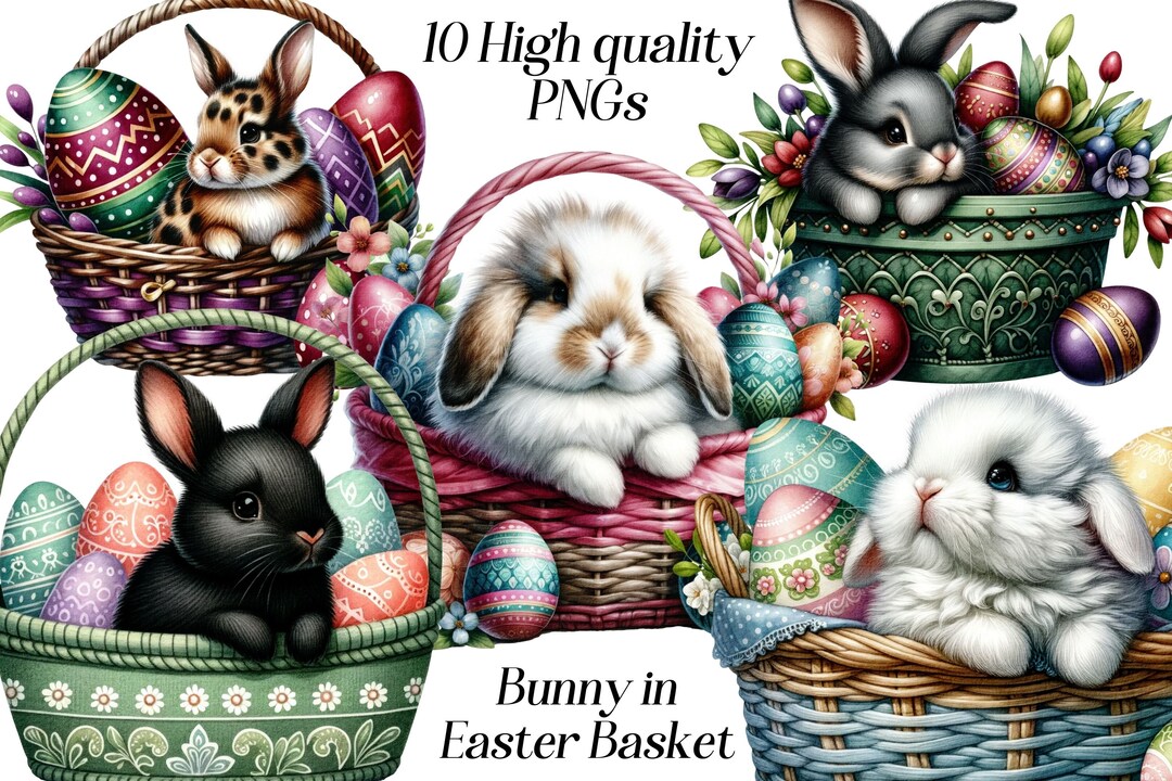 Watercolor Bunny in Easter Basket Clipart, 10 High Quality PNG Files ...