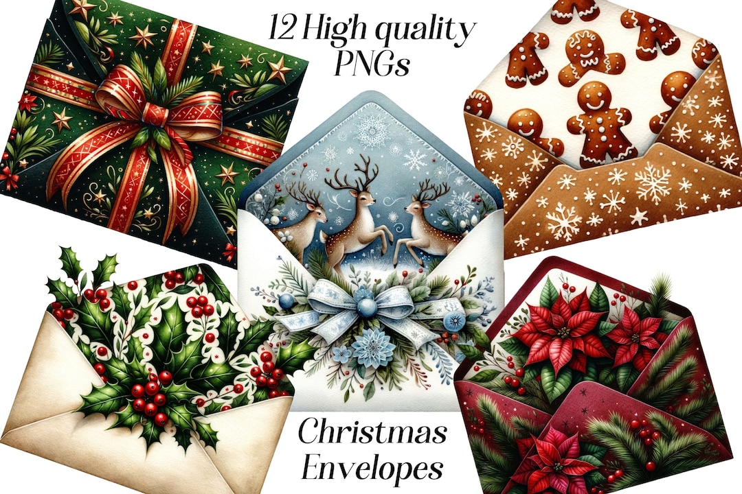 Watercolor Christmas Envelopes Clipart: Festive Holiday PNG Files - Etsy