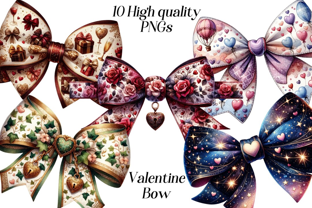 Watercolor Valentine Bow Clipart, 10 High Quality PNG Files, Love ...