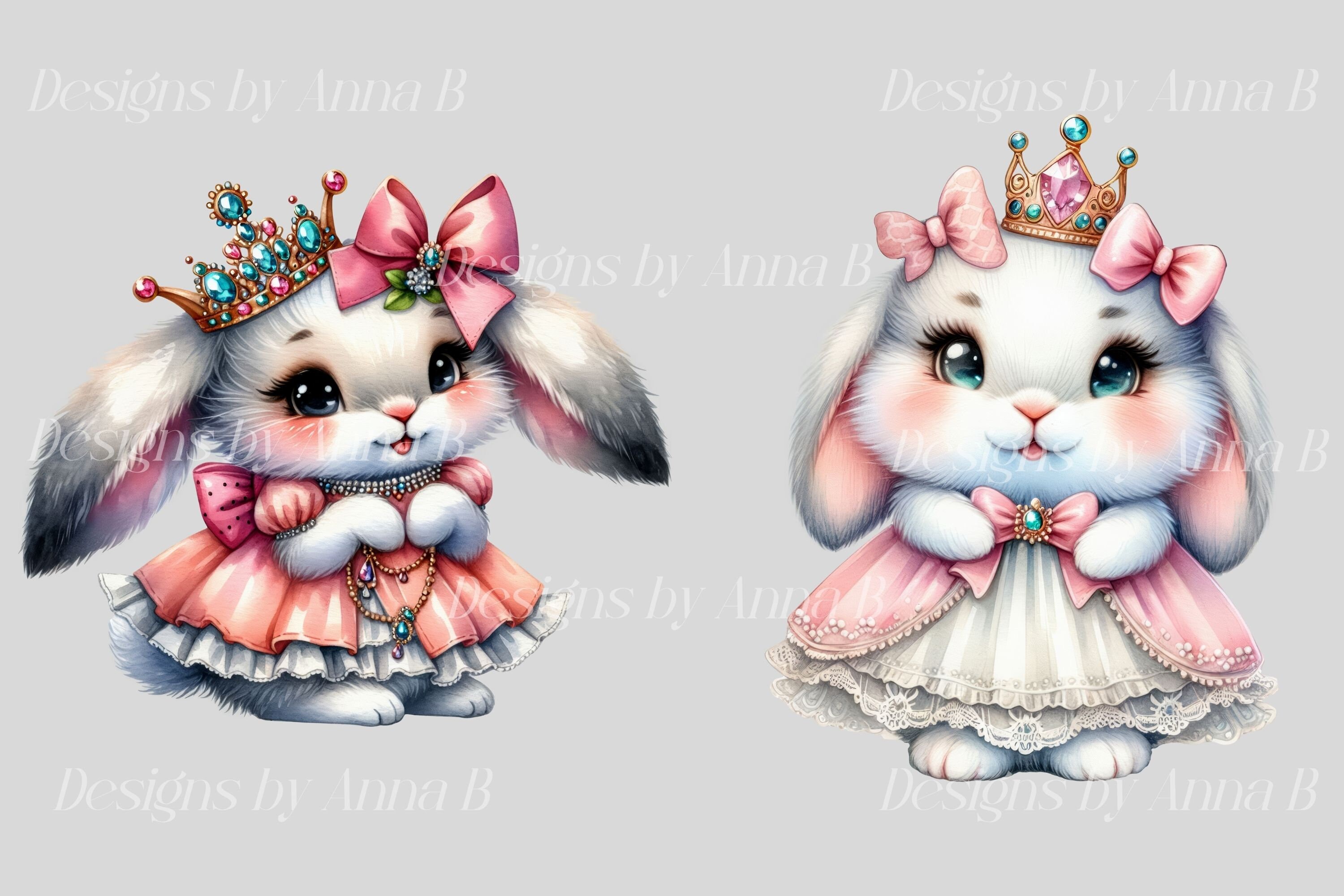 Watercolor Bunny Princess Clipart: Royal Animals in Pink (10 PNG Files ...
