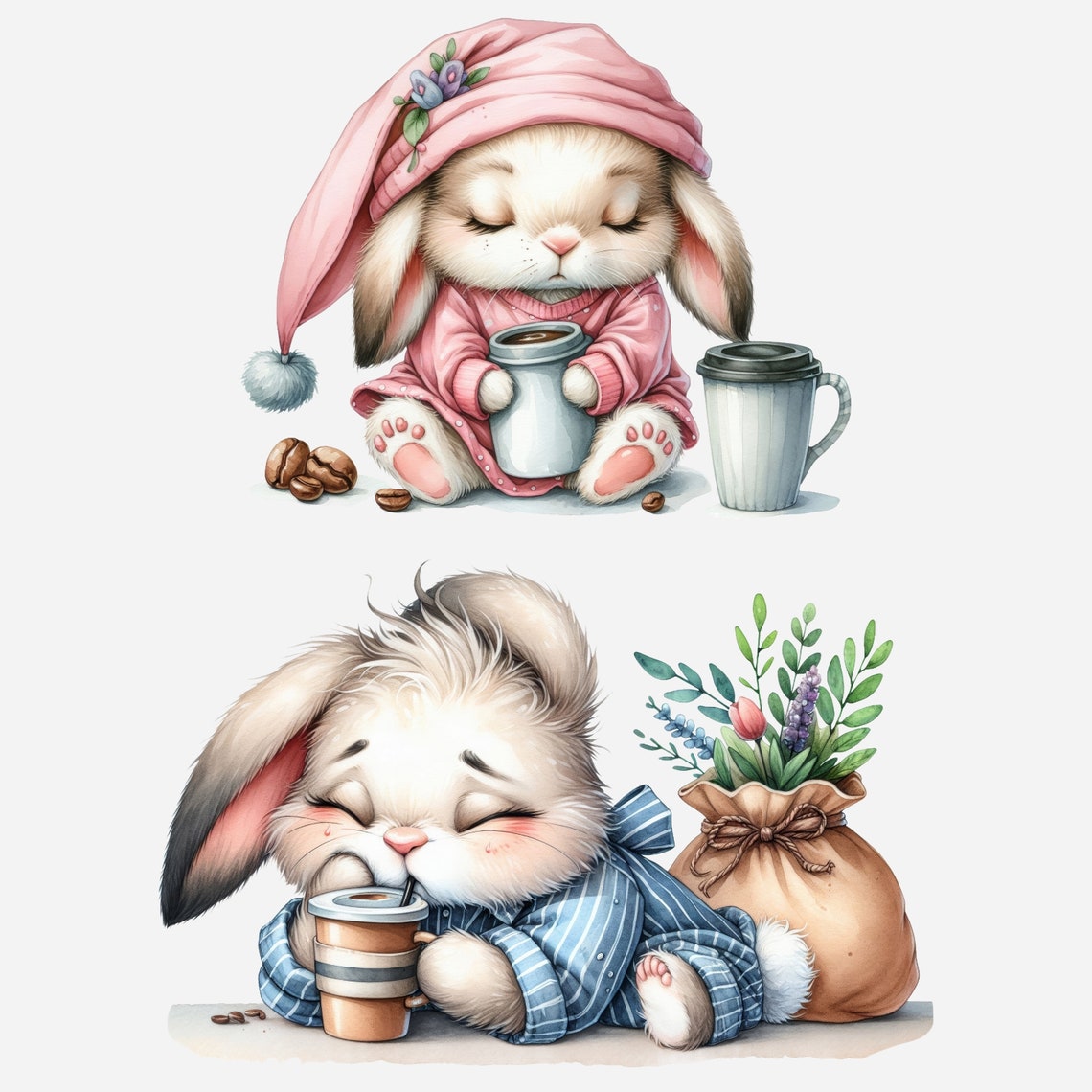 Watercolor Tired Bunny Clipart: Sleepy Animals PNG Files (digital ...