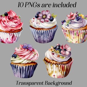 Watercolor Cupcake Clipart, 10 High Quality JPEG and PNG Files, Dessert ...
