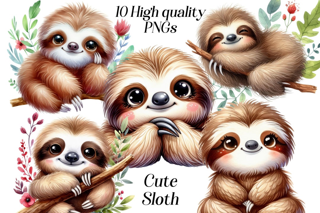 Watercolor Cute Sloth Clipart, 10 PNG Files, Cute Animals, Nursery Art ...