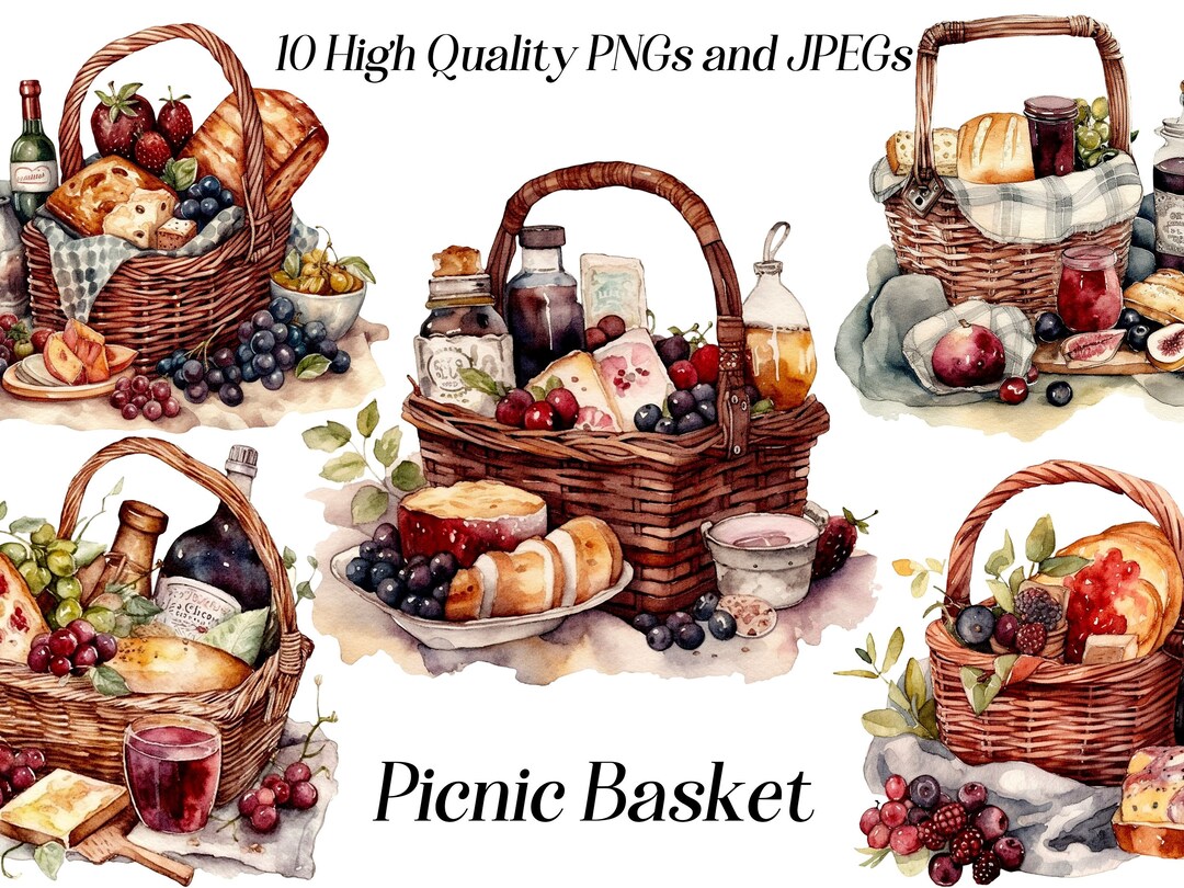 Watercolor Picnic Basket Clipart, 10 High Quality JPEG and PNG Files ...