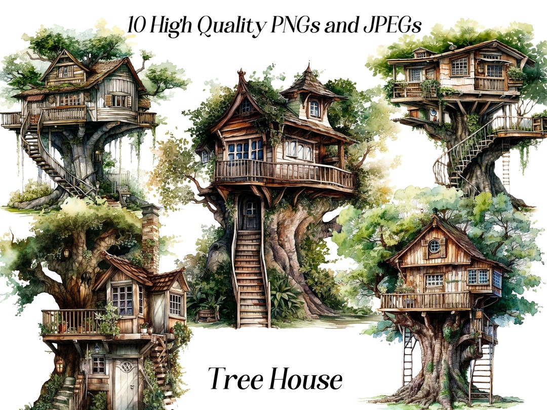 Watercolor Tree House Clipart, 10 High Quality JPEG and PNG Files ...