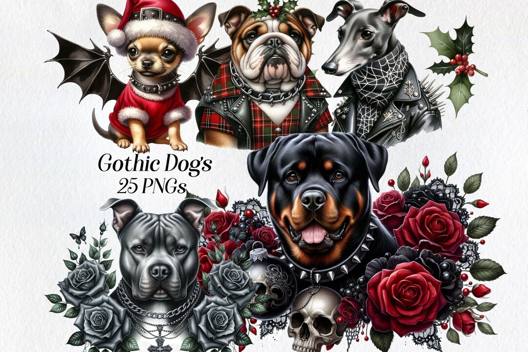 Gothic Dogs Clipart, Watercolor Punk Dogs Clip Art, Png, Christmas Dog ...