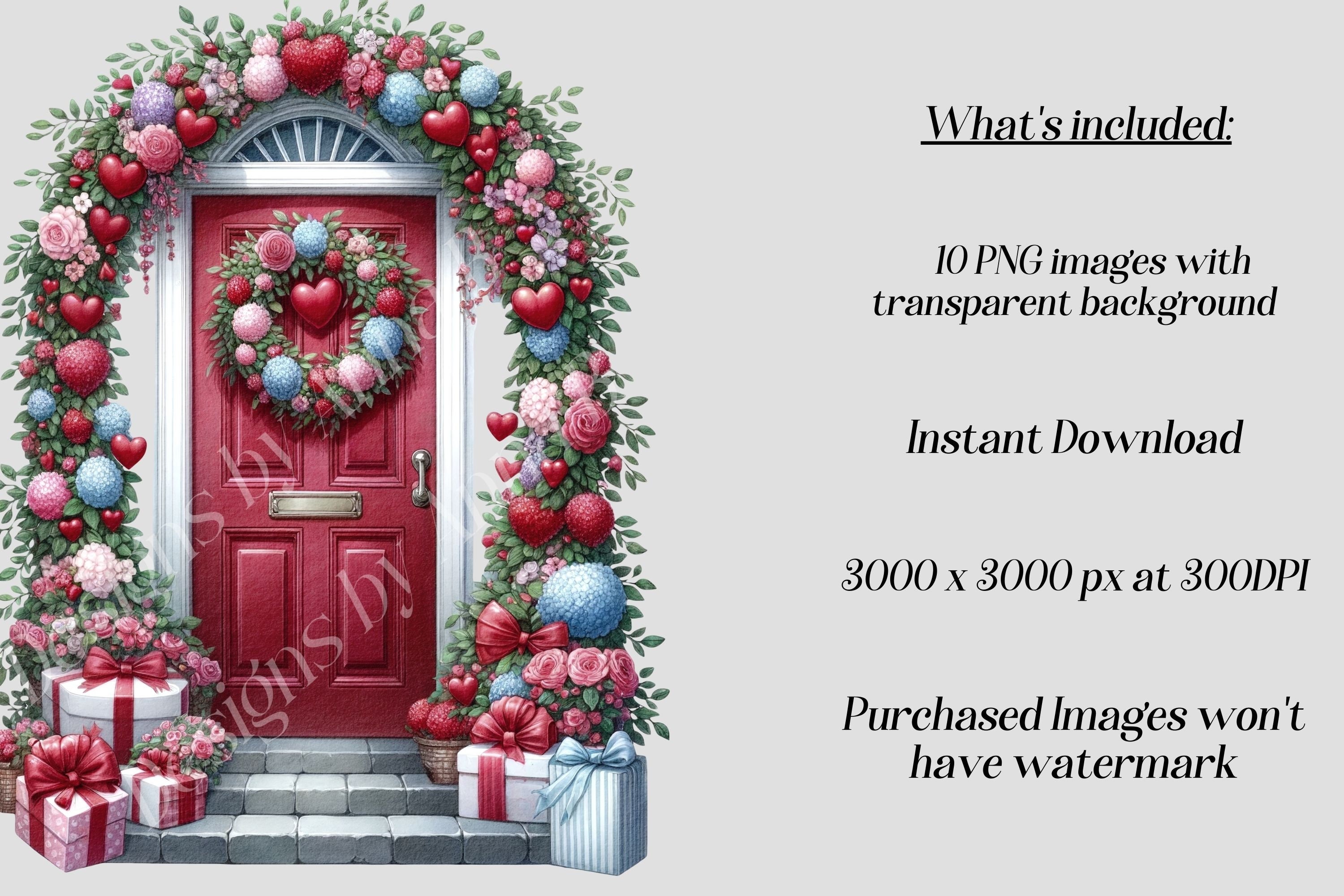 Watercolor Valentine Door Clipart: Floral Heart PNG Images (digital ...