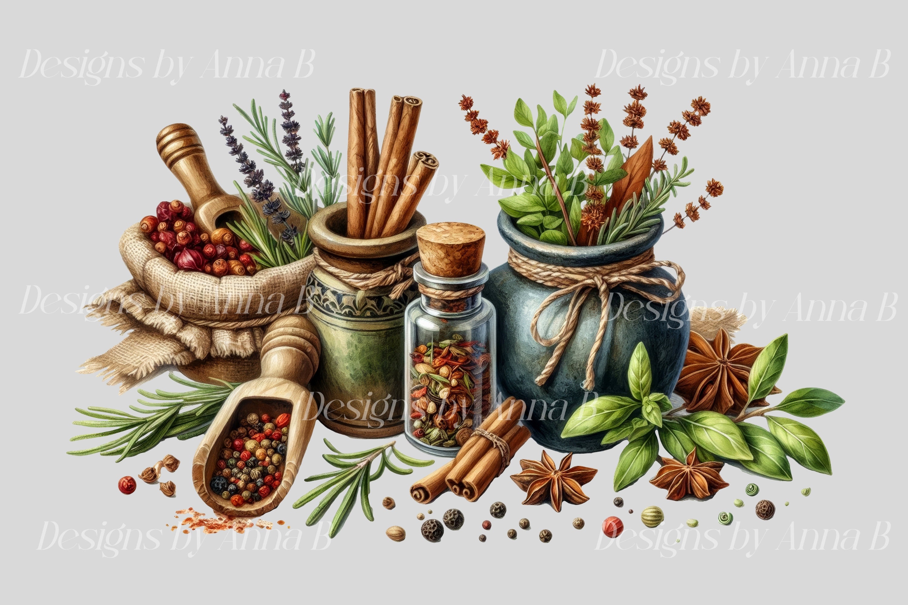Watercolor Rustic Herbs and Spices Clipart: Kitchen Art (12 PNG Files ...