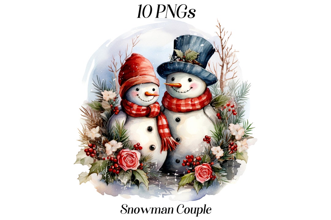 Watercolor Snowman Couple Clipart, 10 High Quality JPEG and PNG Files ...