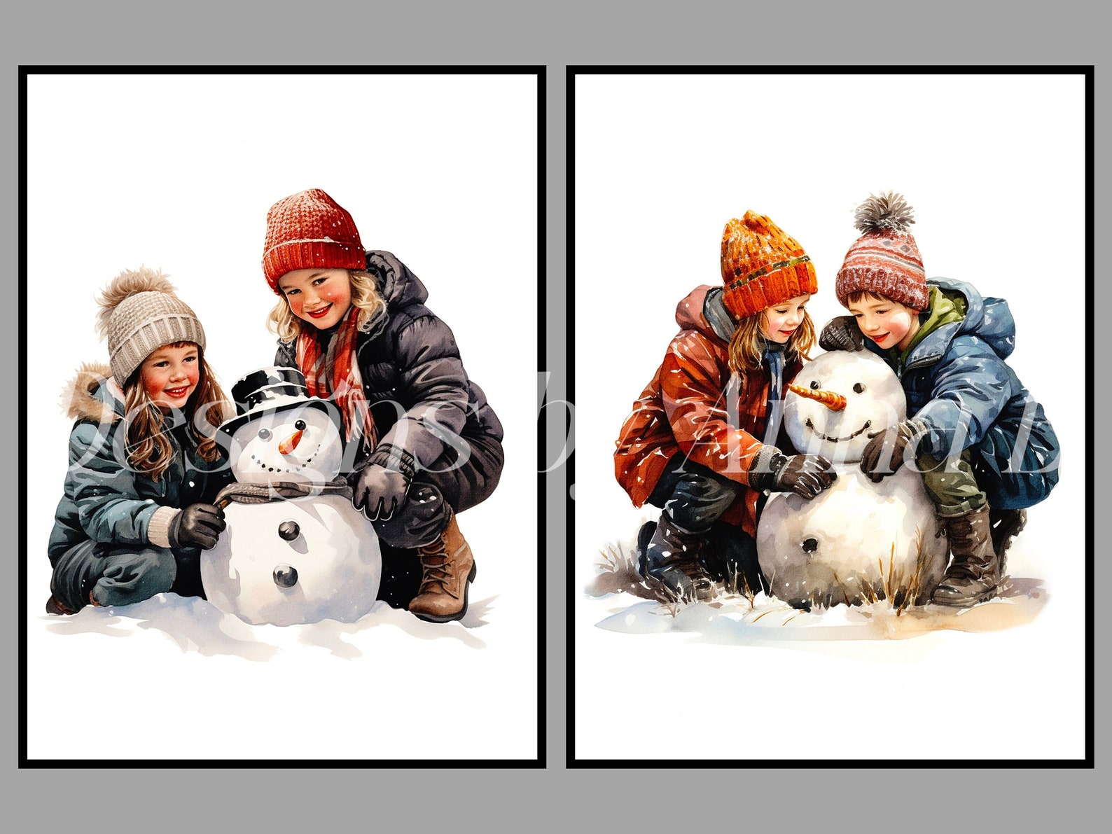 Watercolor Kids Building Snowman Clipart (JPEG, PNG) - Etsy