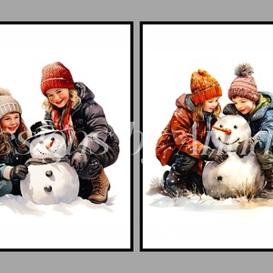 Watercolor Kids Building Snowman Clipart, 10 High Quality JPEG and PNG ...