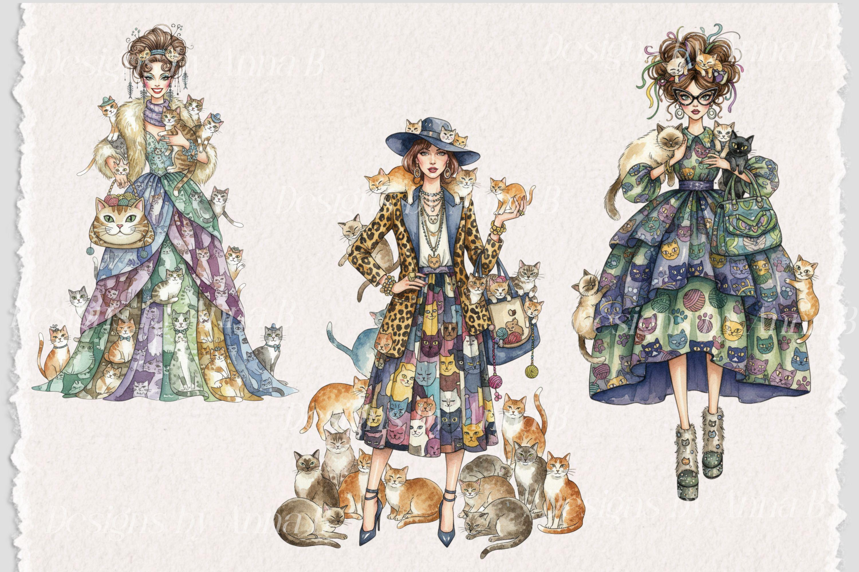 Whimsical Crazy Cat Lady Clipart: Fashion Illustration PNG Set (digital ...