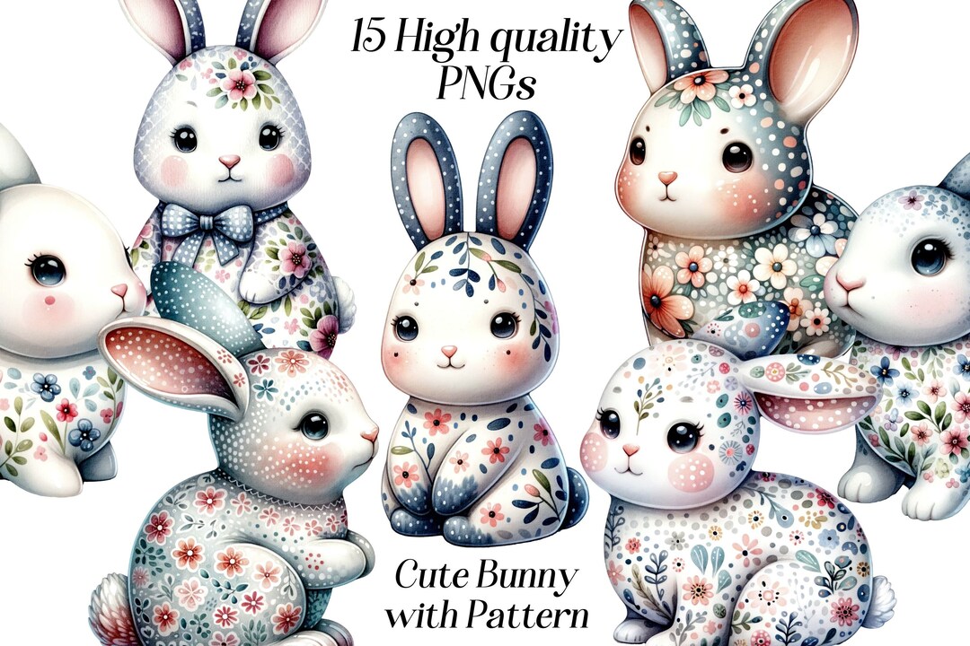 Watercolor Cute Bunny With Pattern Clipart, 15 High Quality PNG Files ...