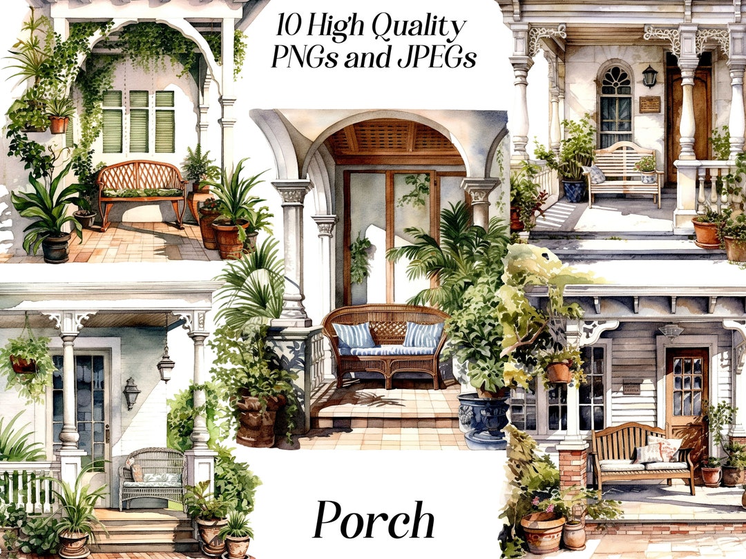 Watercolor Porch Clipart, 10 High Quality JPEG and PNG Files, House ...