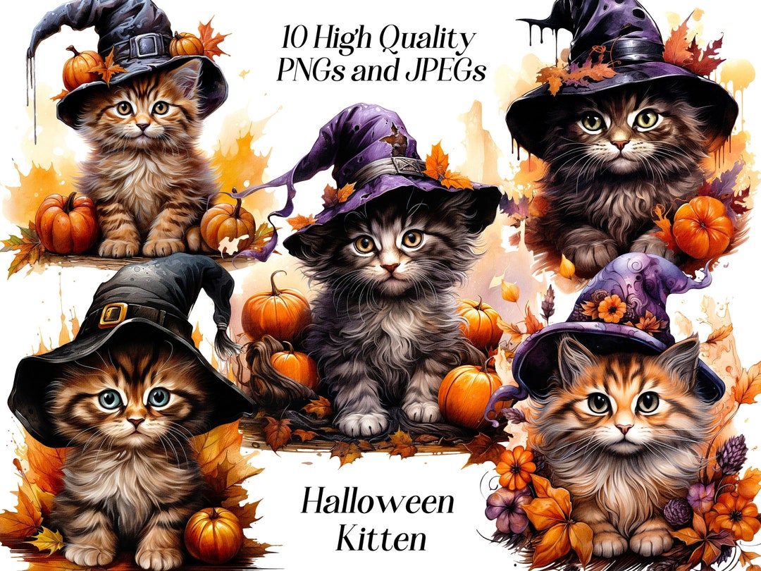 Watercolor Halloween Kitten Clipart: 10 PNG & JPEG Files (digital ...