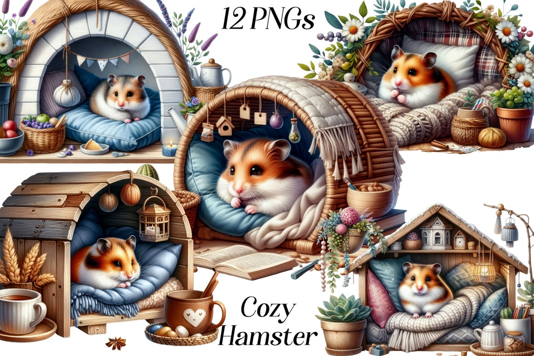 Watercolor Cozy Hamster Clipart, 12 PNG Files, Cute Pet, Cozy Winter ...