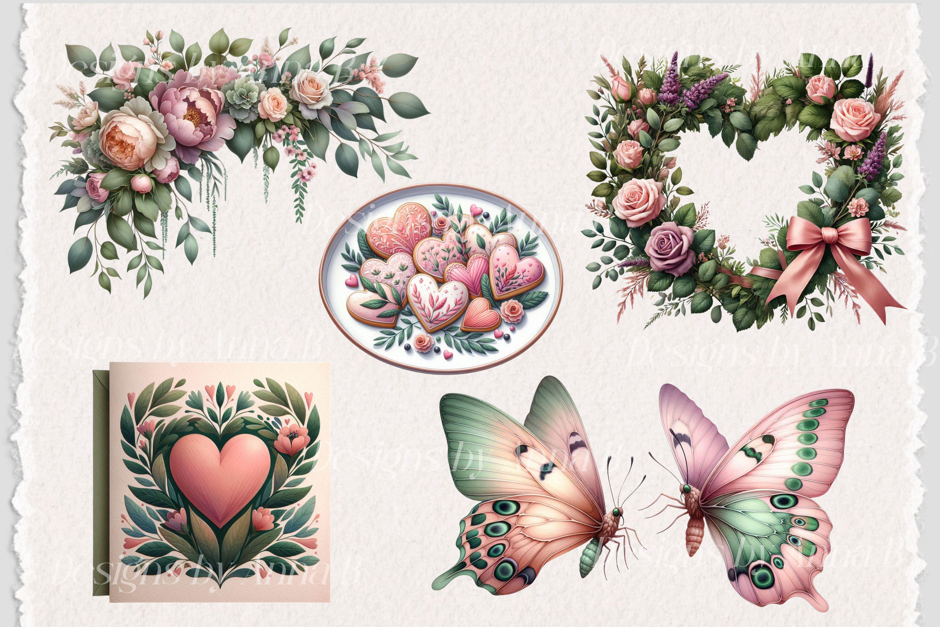 Watercolor Valentine Clipart: Floral Botanical PNG Graphics (digital ...