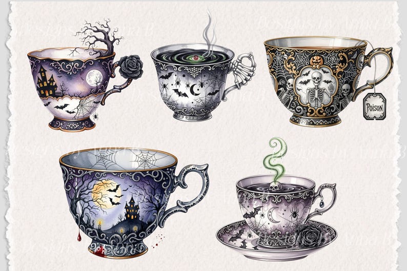 Spooky Gothic Teacup Clipart: Watercolor Witch Decor Pngs (digital ...