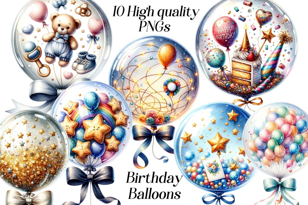 Watercolor Birthday Balloons Clipart, 10 High Quality PNG Files ...