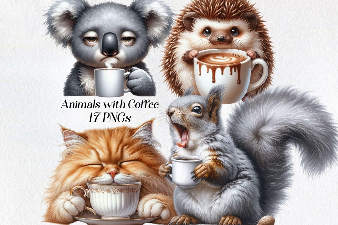 Animals With Coffee Clipart: Watercolor Pets Graphics (digital Download ...