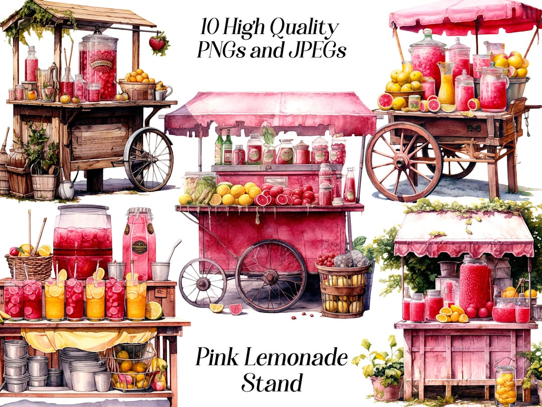 Watercolor Pink Lemonade Stand Clipart, 10 High Quality JPEG and PNG ...
