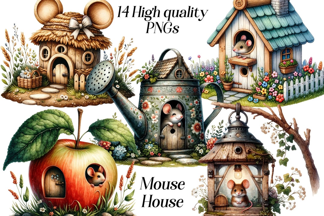 Watercolor Mouse House Clipart, 14 High Quality PNG Files, Cute House ...