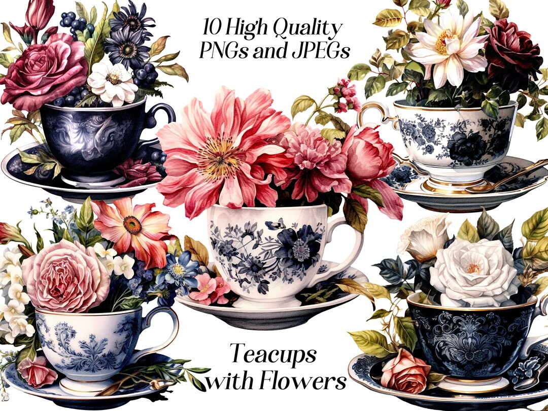 Watercolor Teacups With Flowers Clipart, 10 High Quality JPEG and PNG ...
